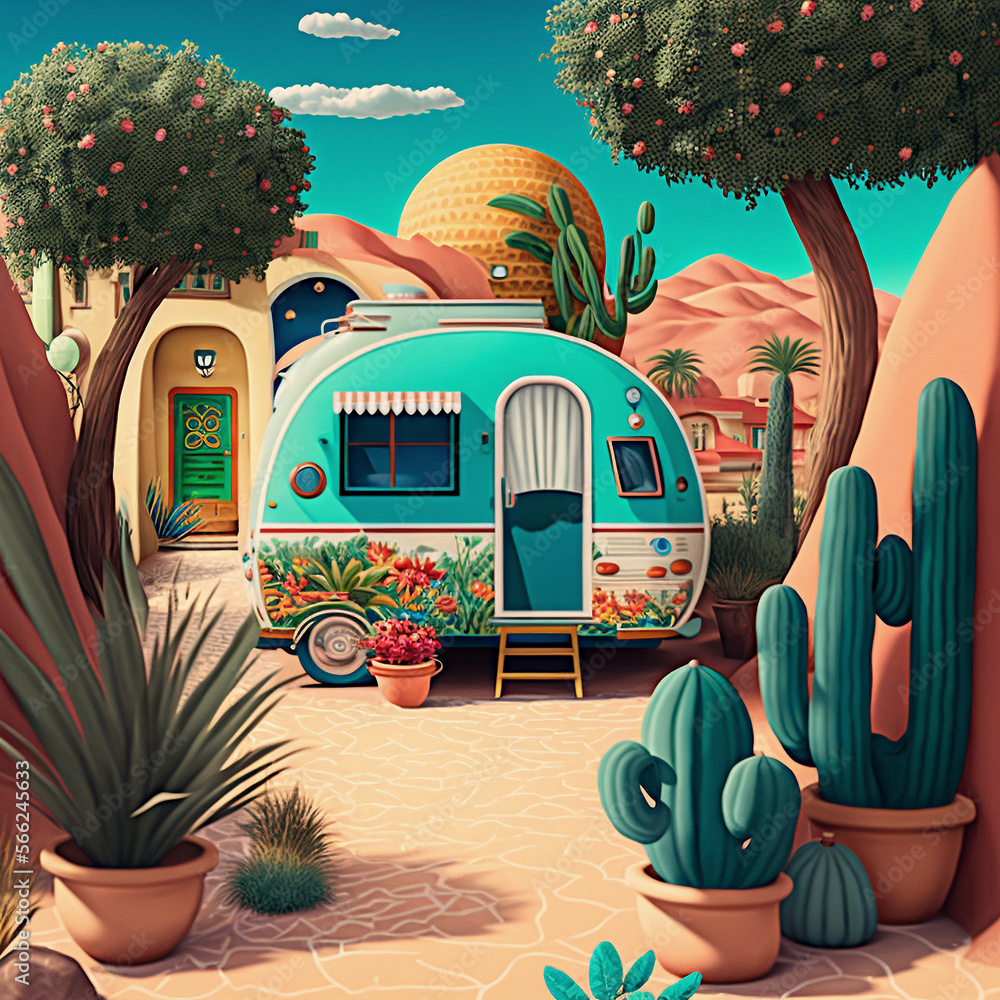 Cartoon fantasyland: cute funny trailer in tropical camping landscape ...