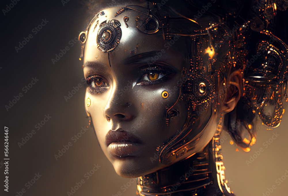 Illustrazione Stock Cyborg robot humanoid goddess with golden assets ...