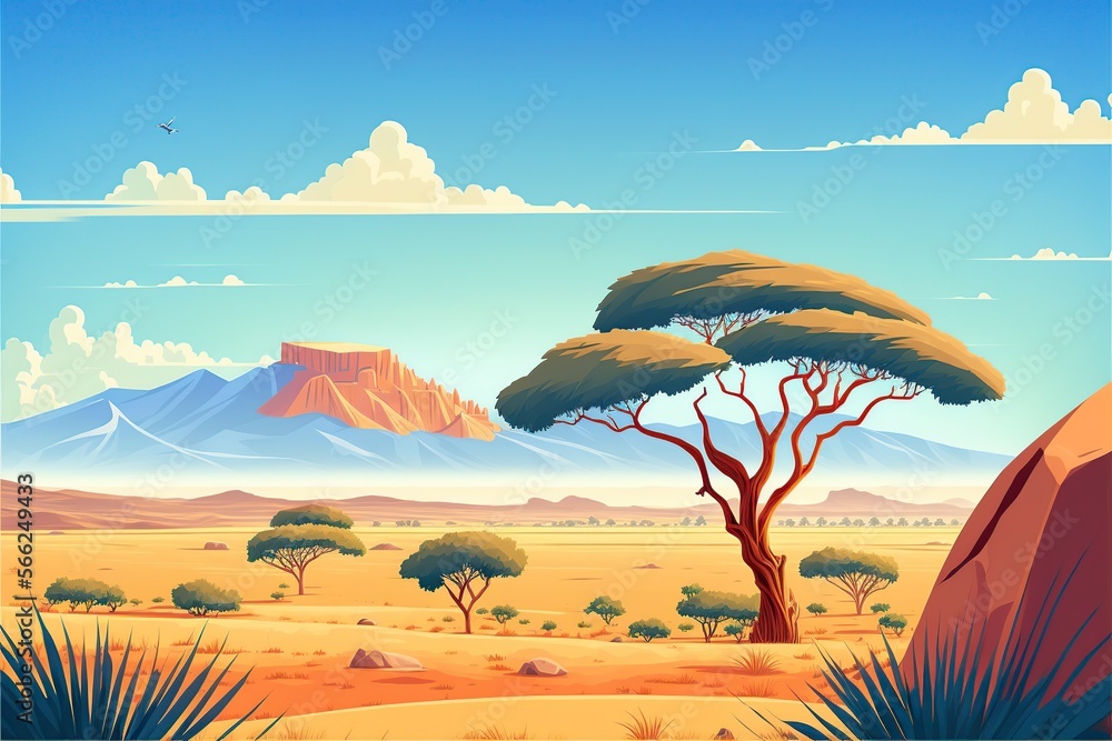 cartoon illustration, african savannah landscape, generative AI Stock ...