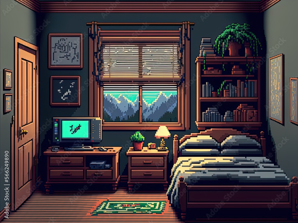 Pixel art bedroom with antique decor, bed, chest of drawers, wardrobe ...