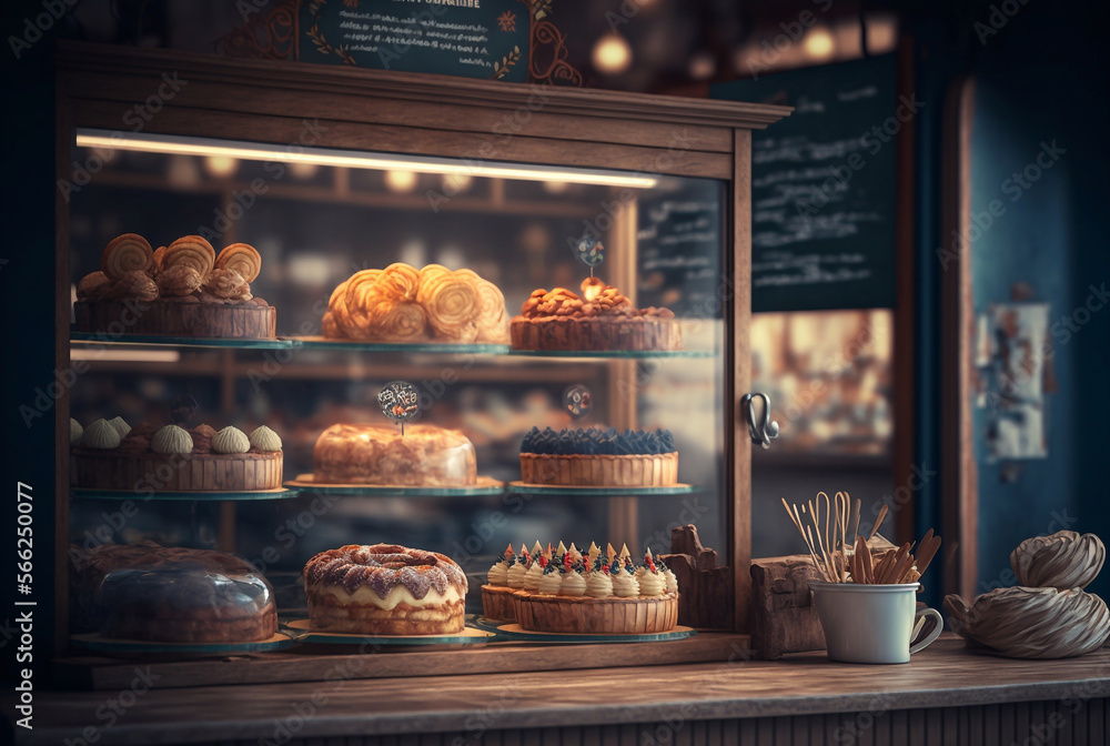 Different types of delicious cakes in pastry shop showcase. Generative ...