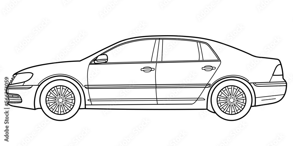 Classic luxury sedan car. Side view shot. Outline doodle vector ...