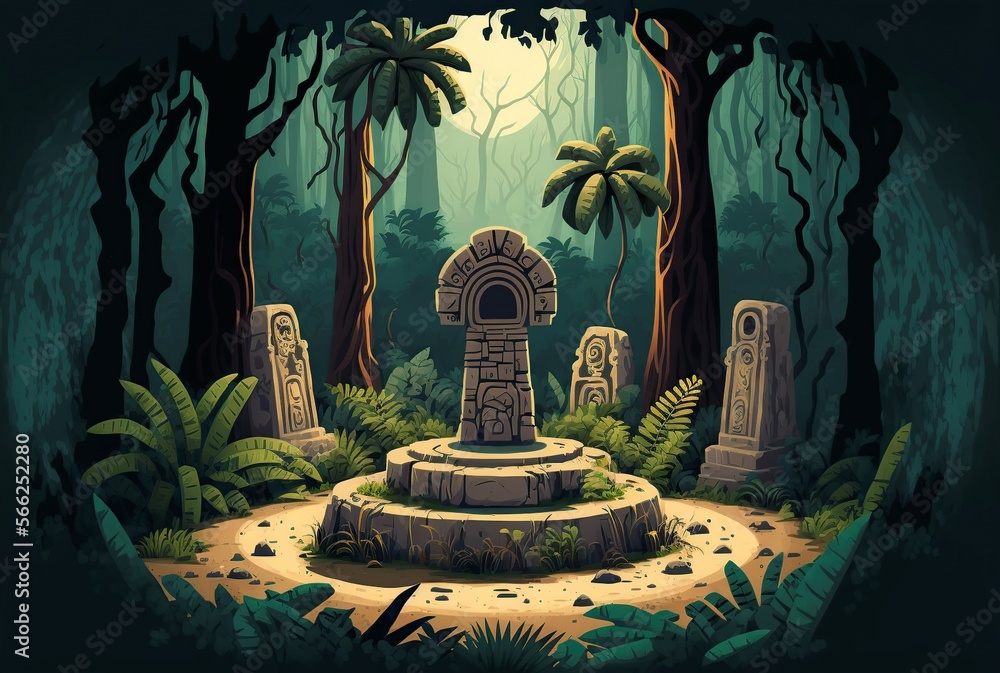 cartoon illustration, ancient ruins with stone platform and pillars ...