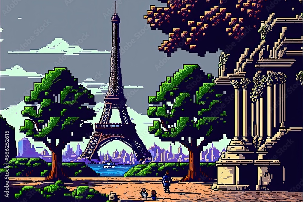 Pixel art Eiffel Tower, public park with trees in Paris, city landscape ...