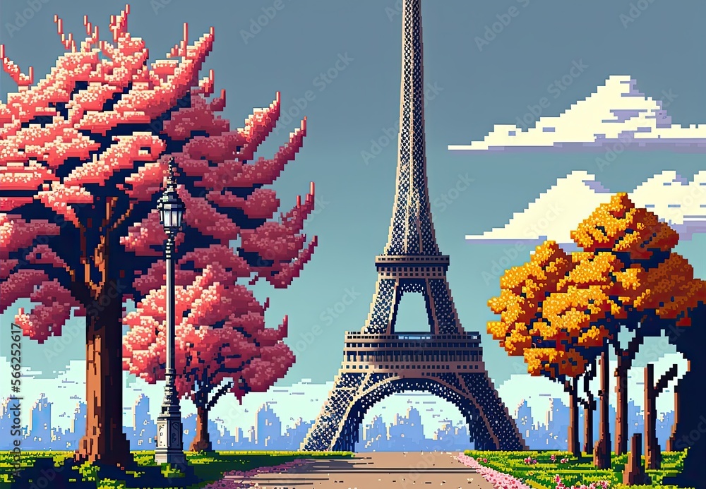 Pixel art Eiffel Tower, public park with trees in Paris, city landscape ...