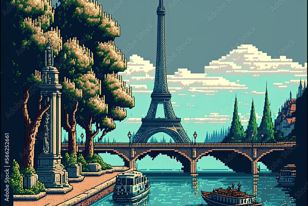 Pixel art Eiffel Tower, public park with trees in Paris, city landscape ...