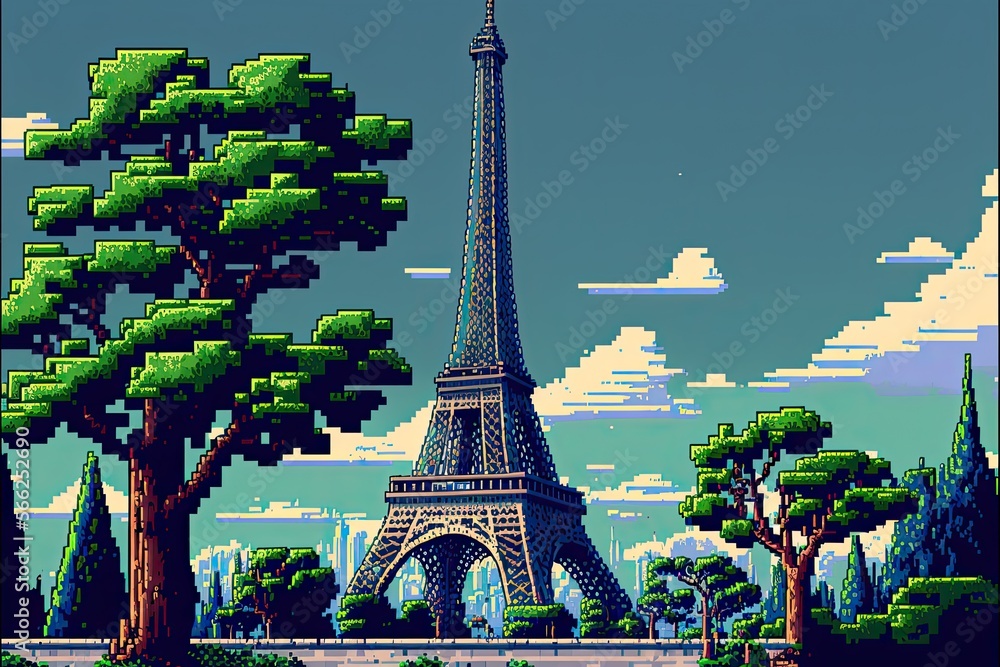 Pixel art Eiffel Tower, public park with trees in Paris, city landscape ...