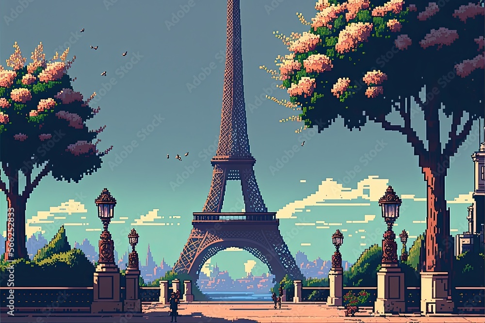 Pixel art Eiffel Tower, public park with trees in Paris, city landscape ...