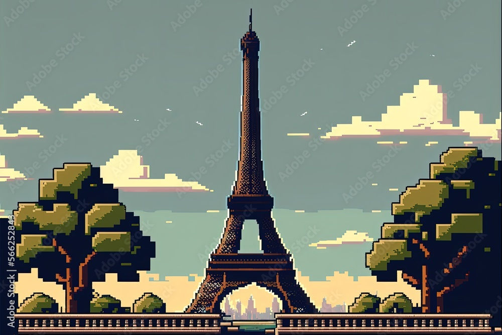 Pixel art Eiffel Tower, public park with trees in Paris, city landscape ...
