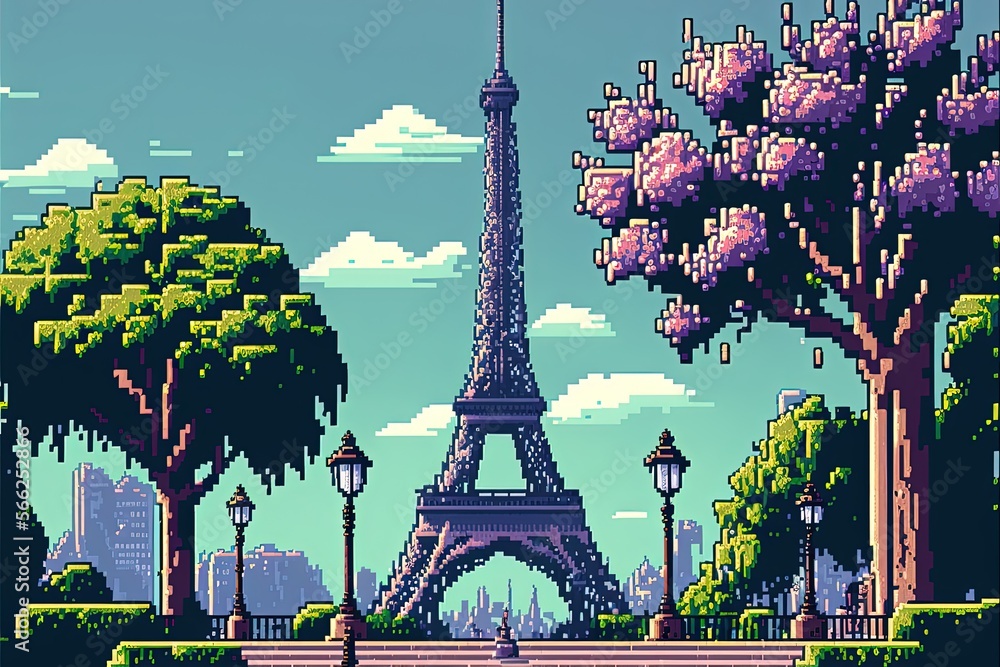 Pixel art Eiffel Tower, public park with trees in Paris, city landscape in retro style for 8 bit ...