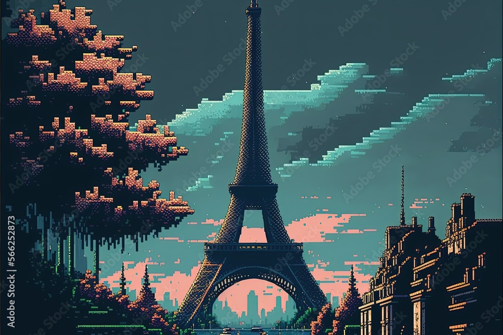 Pixel art Eiffel Tower, public park with trees in Paris, city landscape ...