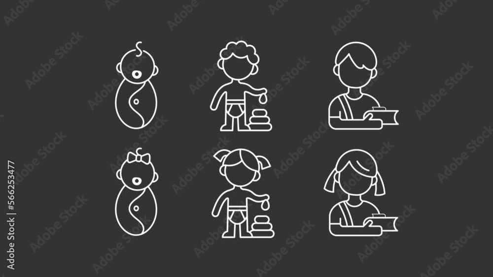 Animated children white line icons. Childhood characters. Girls, boys ...