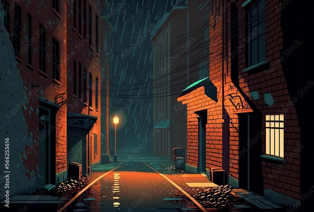 cartoon illustration, back street alley with old town houses in the ...