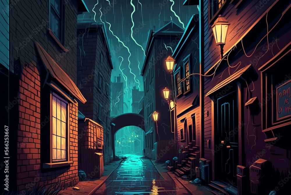 cartoon illustration, back street alley with old town houses in the ...