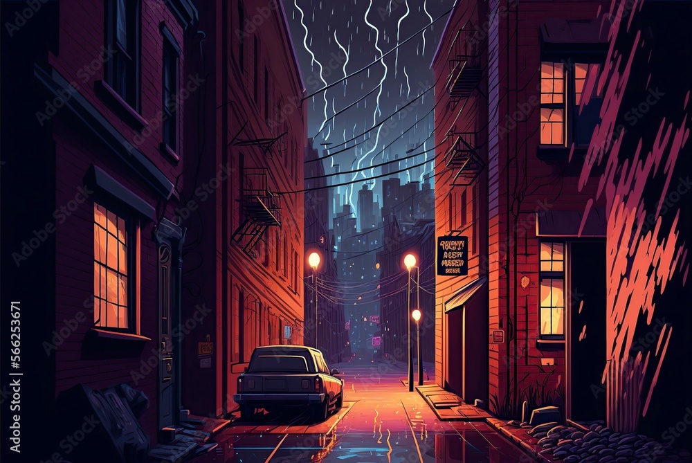 cartoon illustration, back street alley with old town houses in the ...