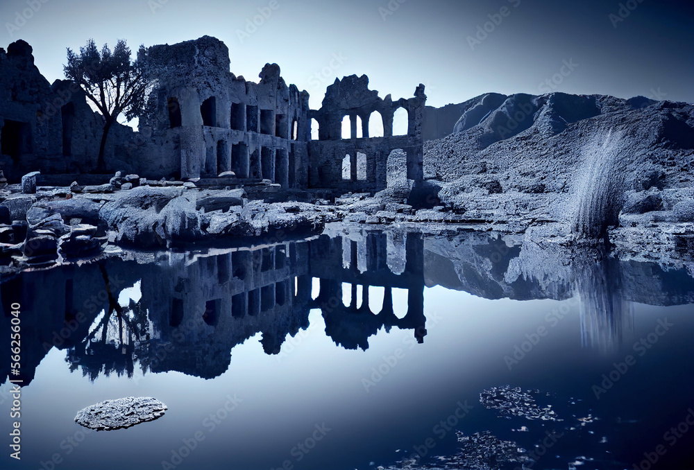 Ancient ruins with waterpool and reflections. Generative Ai Art. Greek ...