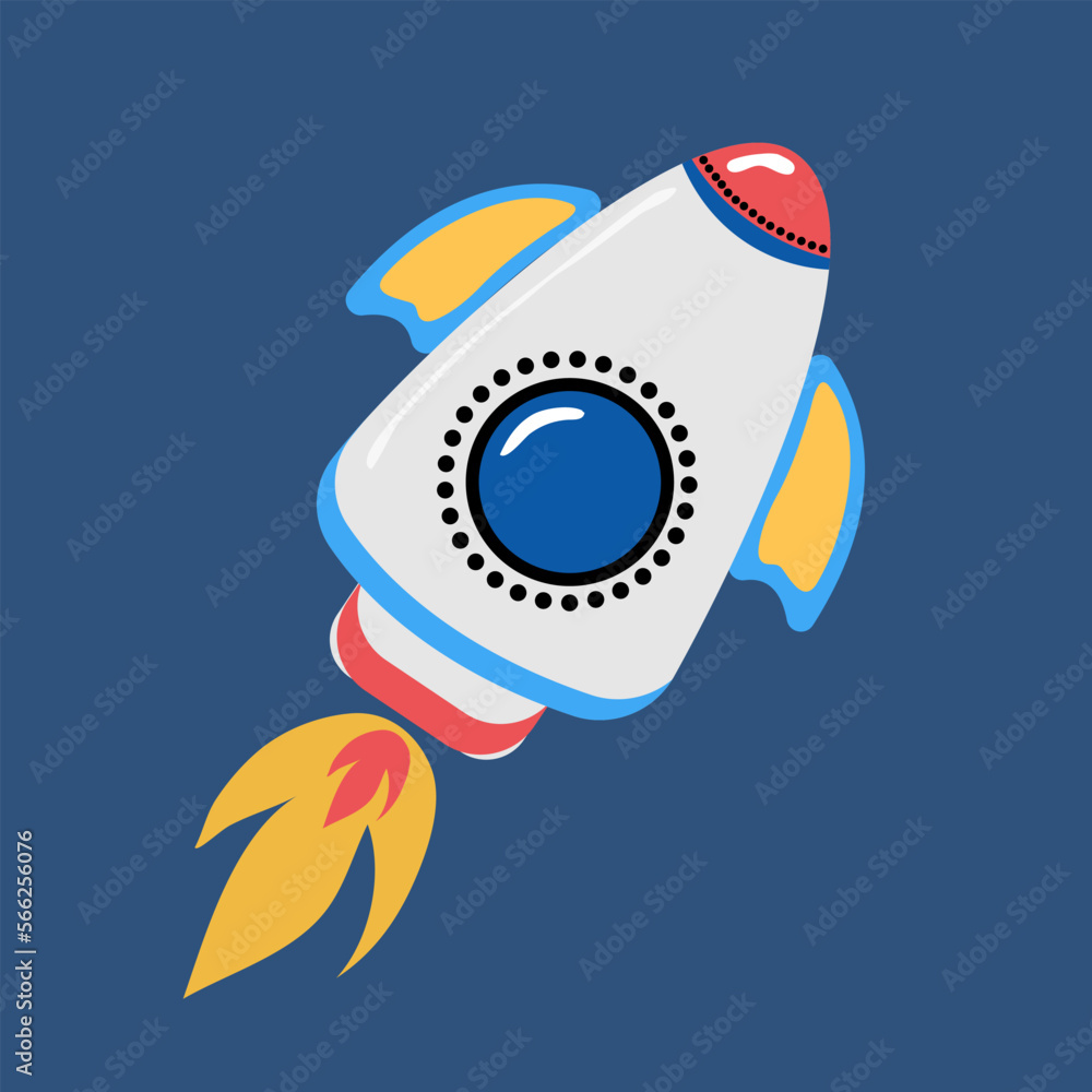 Cartoon rocket on space background, vector illustration. Simple flying ...