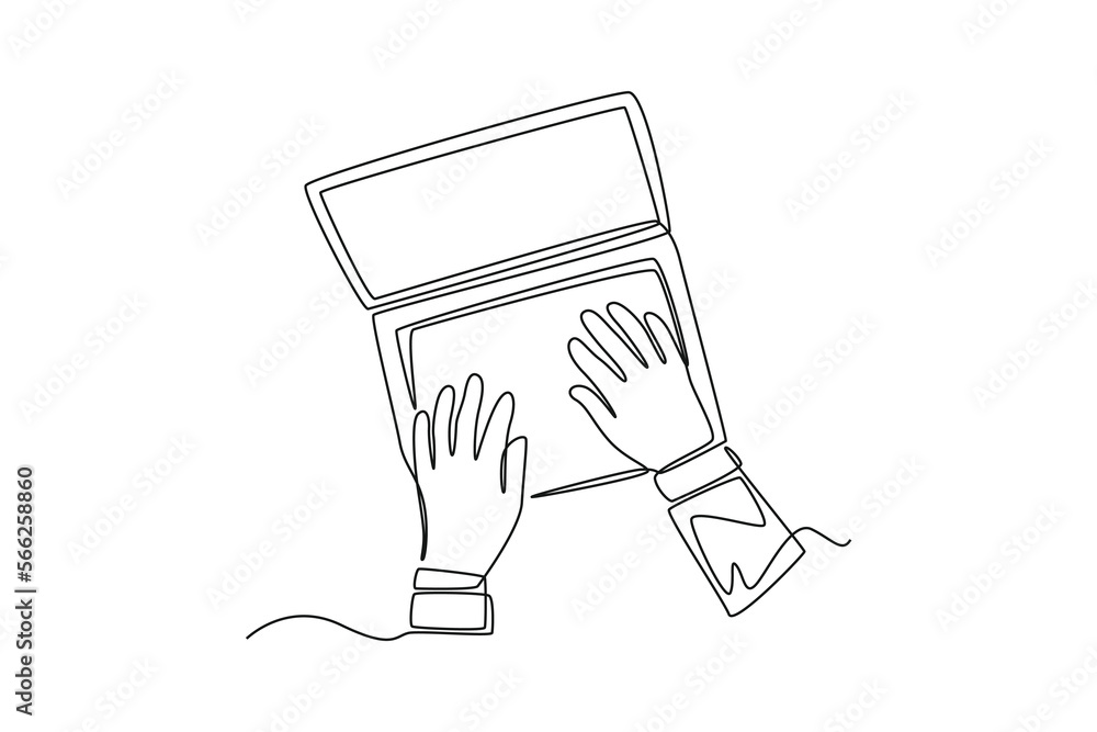 Single one line drawing Hands in work at laptop keyboard with blank ...