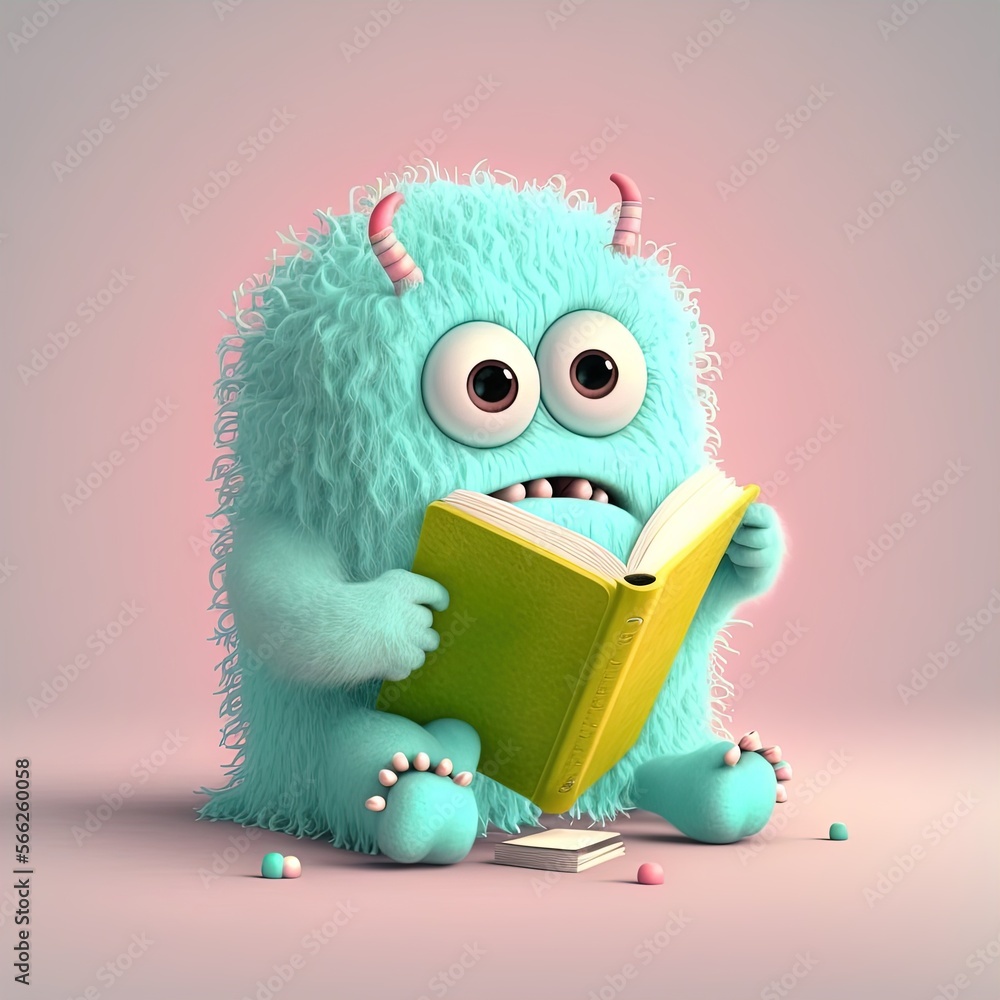 Super cute baby fluffy monster sitting with book. Cartoon pixar style ...