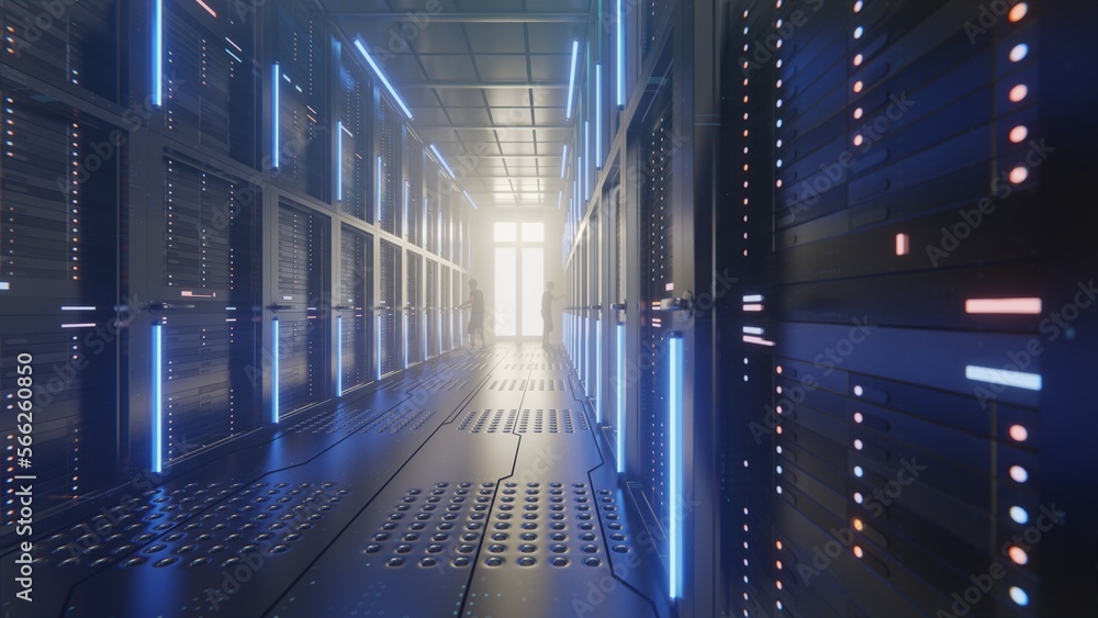 Data centers with people working are technology-connected and mining AI ...