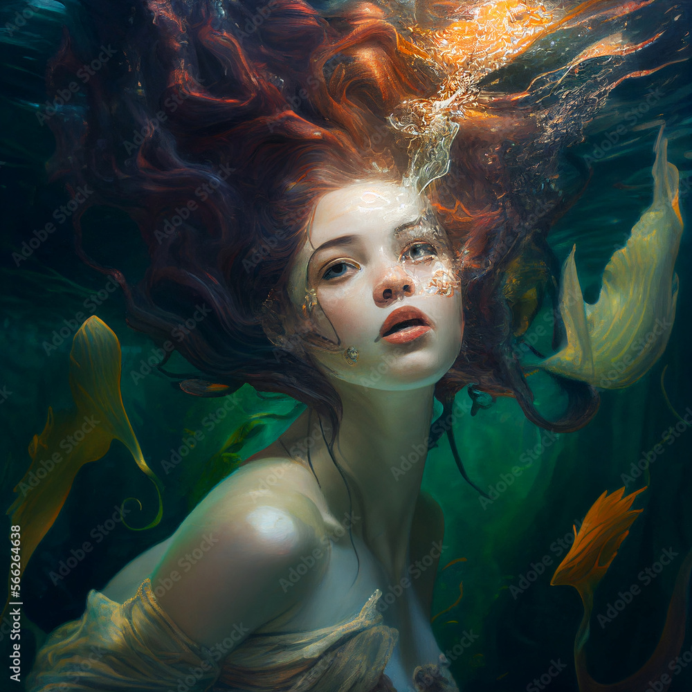 Mermaid Woman Underwater Water Spirit Siren Orange Hair Folklore ...