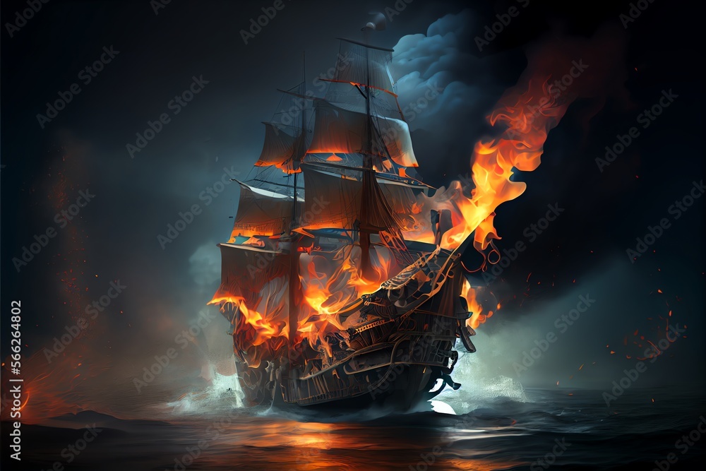 Pirate ship destroyed in flames after battle at sea. Digital ...