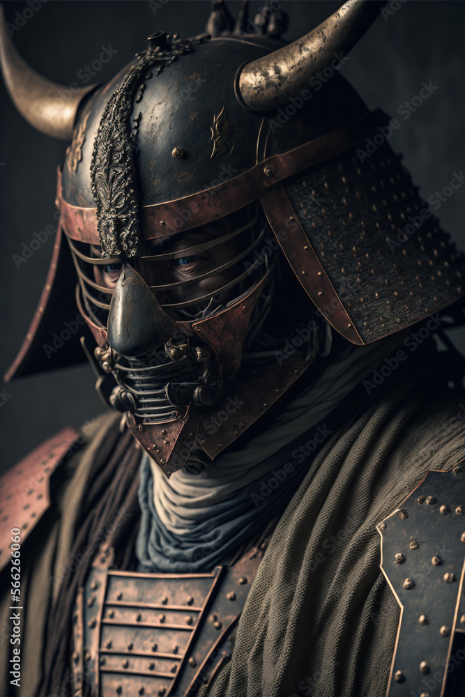 Portrait closeup of a Samurai in a traditional mengu mask, Japanese ...