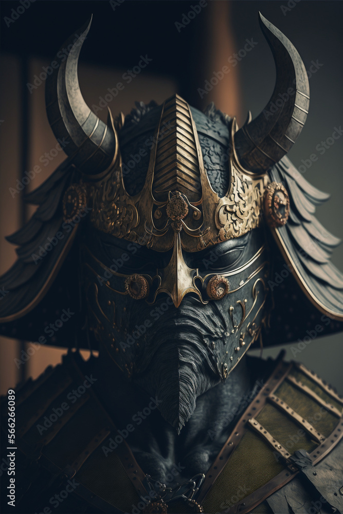 Portrait closeup of a Samurai in a traditional mengu mask, Japanese ...