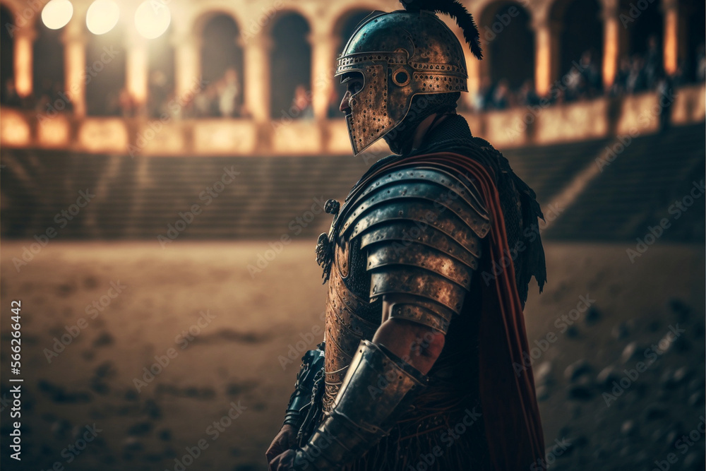 Portrait of an ancient Roman warrior in armor against the backdrop of ...