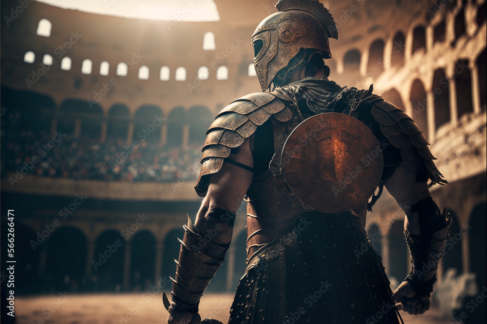 Ancient Roman gladiator enters the arena for fighting, against the ...
