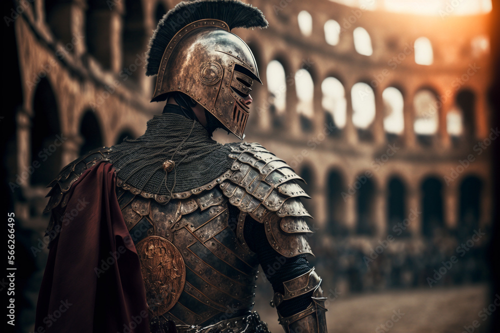 Portrait of an ancient roman warrior in armor against the backdrop of antique roman architecture ...