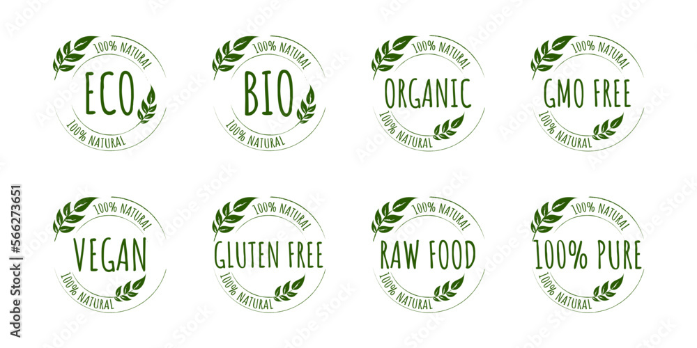 Eco friendly labels icon set. Natural organic ecology green stickers ...