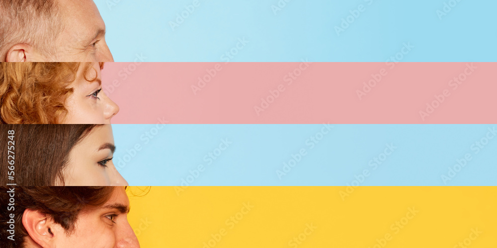 Collage. Side view. Eyes of different people, man and women placed on ...