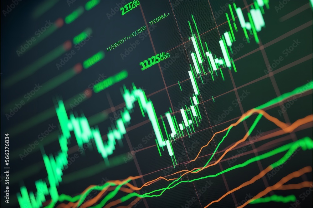 Chart of the stock market showing rising green candlesticks, which represents the value of ...