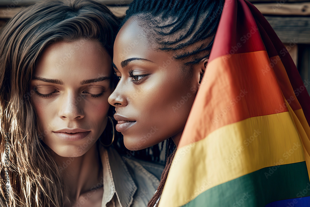 lesbian couple with rainbow flag, gender equality, ai generated Stock ...