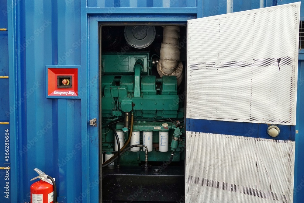 Open door of blue power pack or portable generator for supply of ...