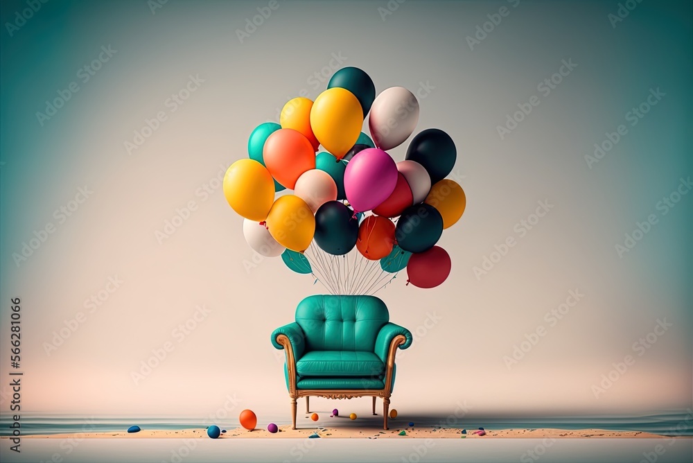 Chair and balloons on a beach, with just enough backdrop to see them ...
