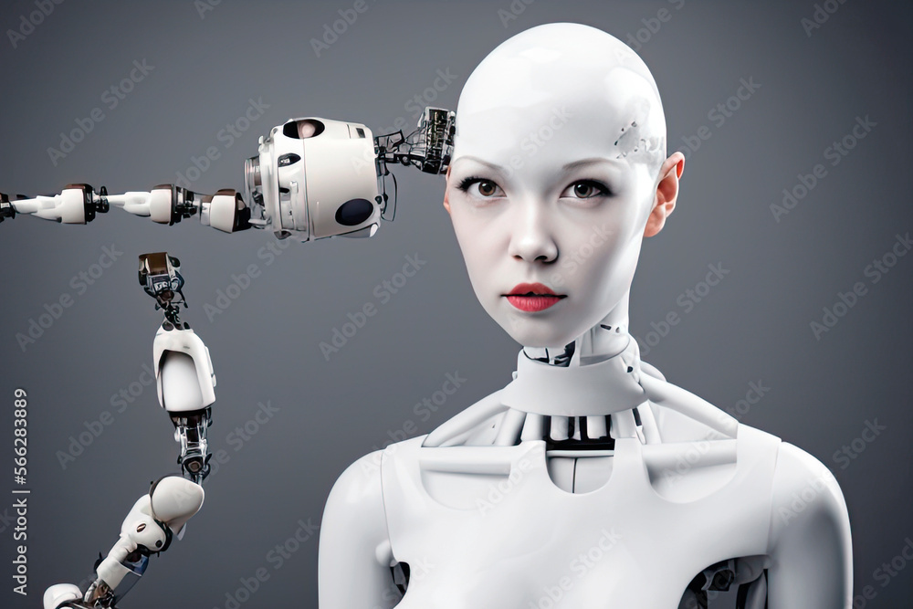 Female humanoid with striking white porcelain skin and bold red ...