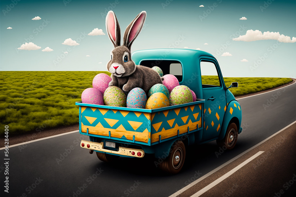 Cute fluffy Easter bunny delivering eggs by pickup truck car. AI Stock ...