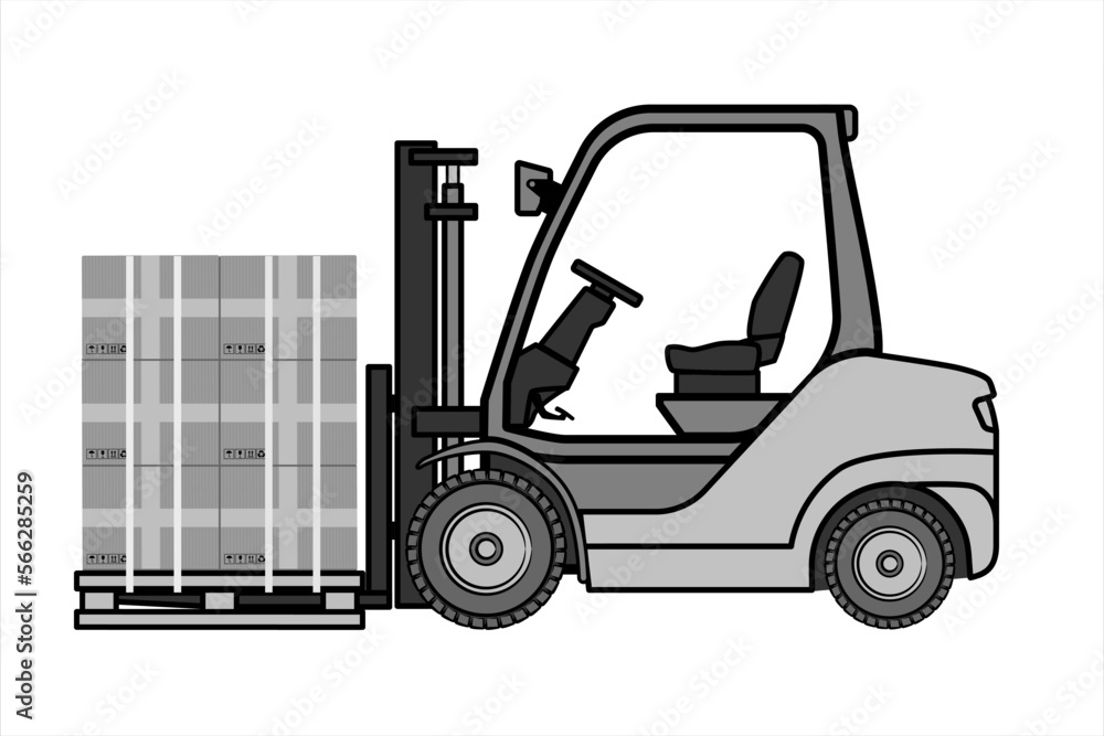 Sketch of forklift truck with boxes. Side view of the machine ...