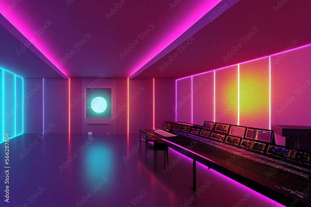full seamless hdr 360 panorama inside recording music studio with neon ...