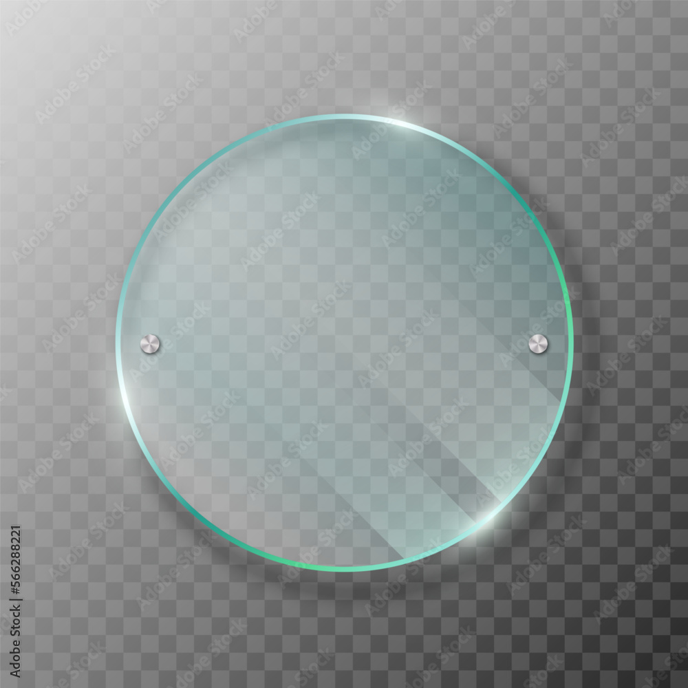 Realistic glass circle plate hanging on steel rivets. Clear round ...