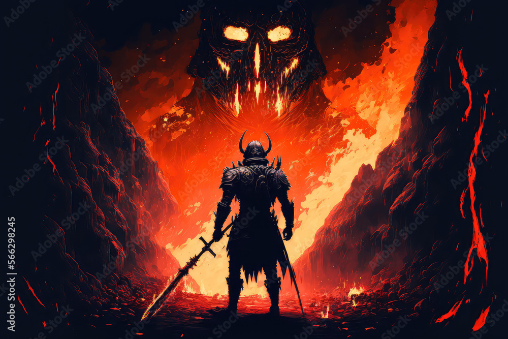 Digital illustration painting of knight with a sword facing the lava ...