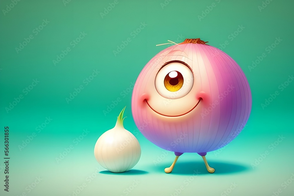 Cartoon onion cyclops character with one big eye on a green background ...