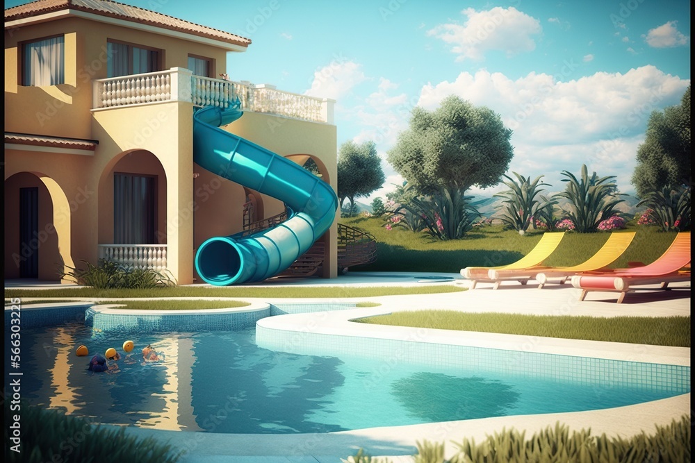 Pool with a slide and other fun features for children, concept of Water ...