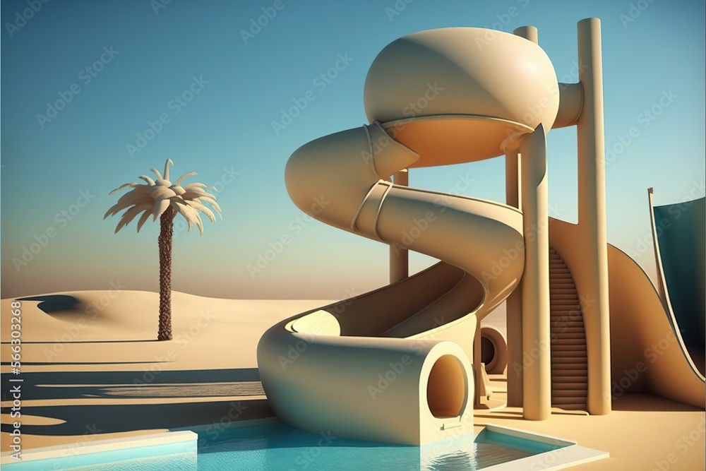 Pool with a slide and other fun features for children, concept of Water ...