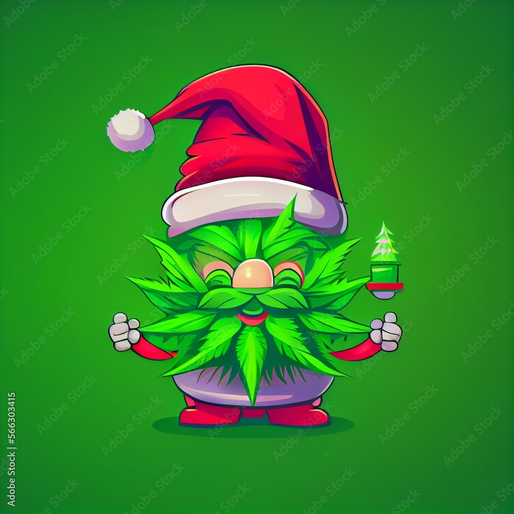 cartoon marijuana leaf character wearing a santa hat. generative ai ...
