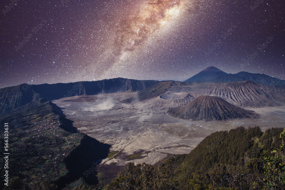 Landscape with Milky way galaxy over Mount Bromo volcano (Gunung Bromo ...