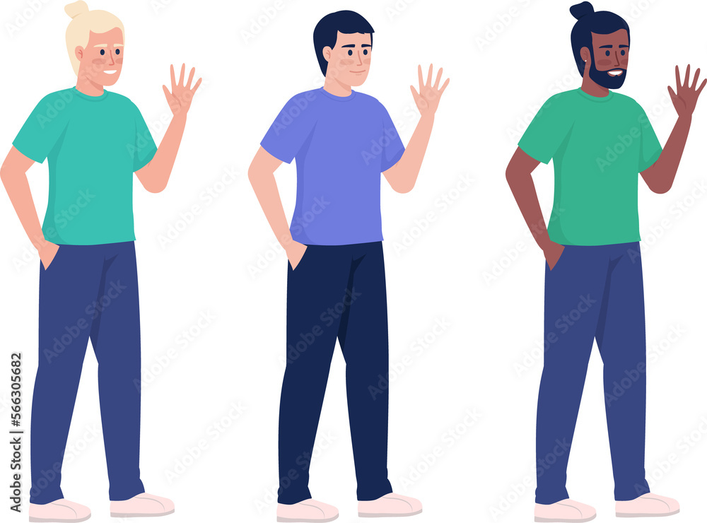 Smiling men waving hands semi flat color raster character set. Standing ...