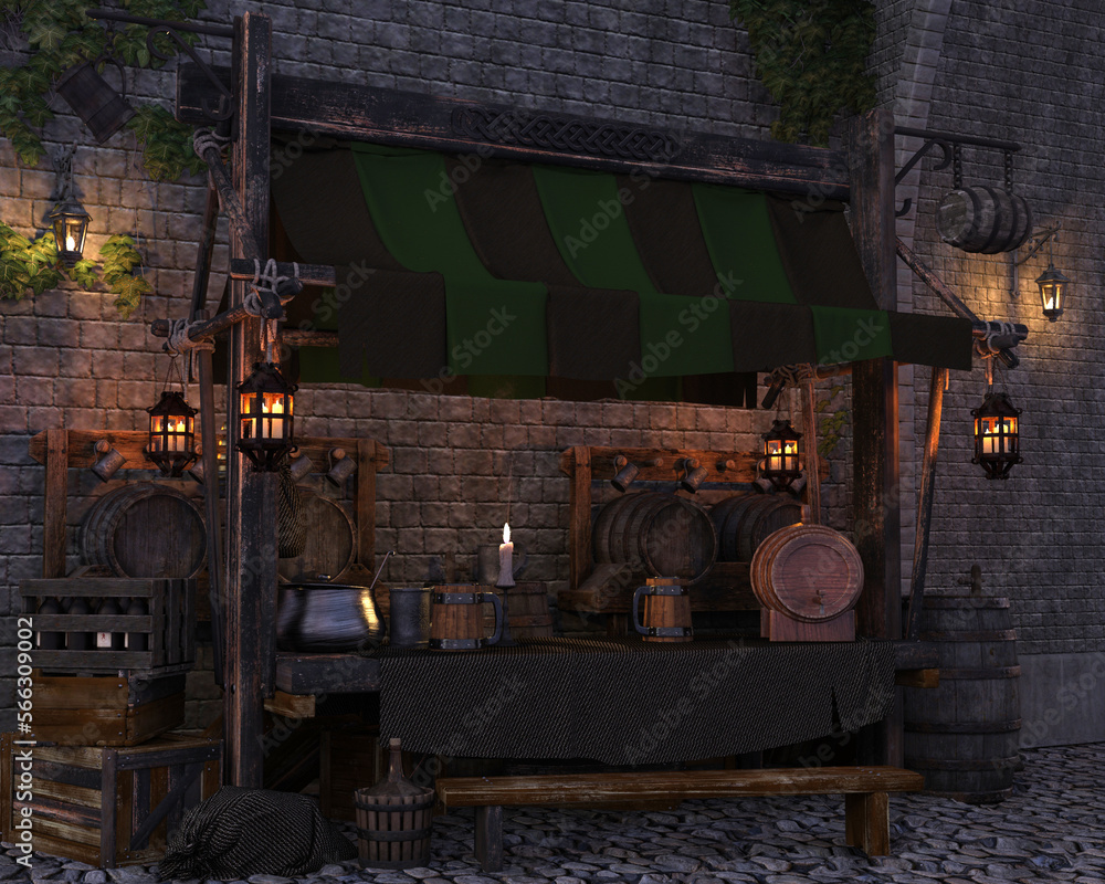 Fantasy tavern market stall with lantern light. Stock Illustration ...